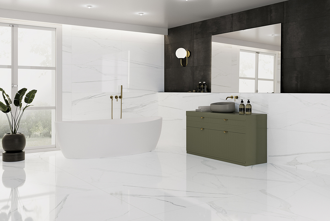 Porcelaine tiles AZULEV CALACATTA WHITE – photo and design catalog of bathroom and kitchen tiles ...